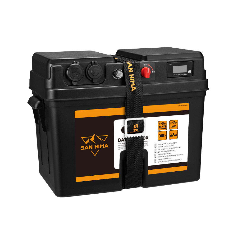 San Hima Battery Box Portable 12V 2x USB & Cig Socket Deep Cycle AGM U