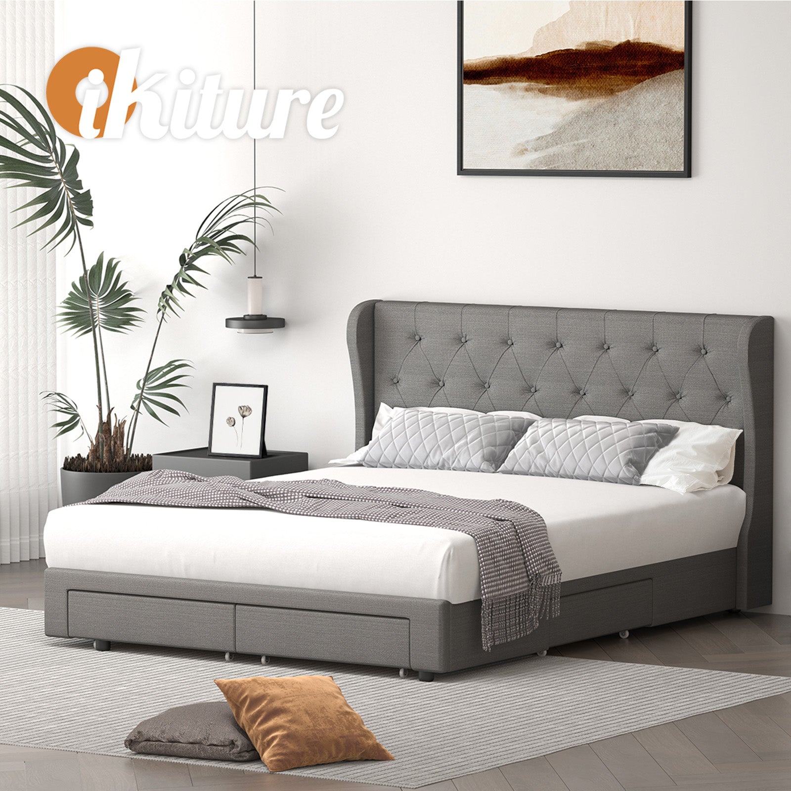 Oikiture Bed Frame Queen Size Base With Storage Drawers