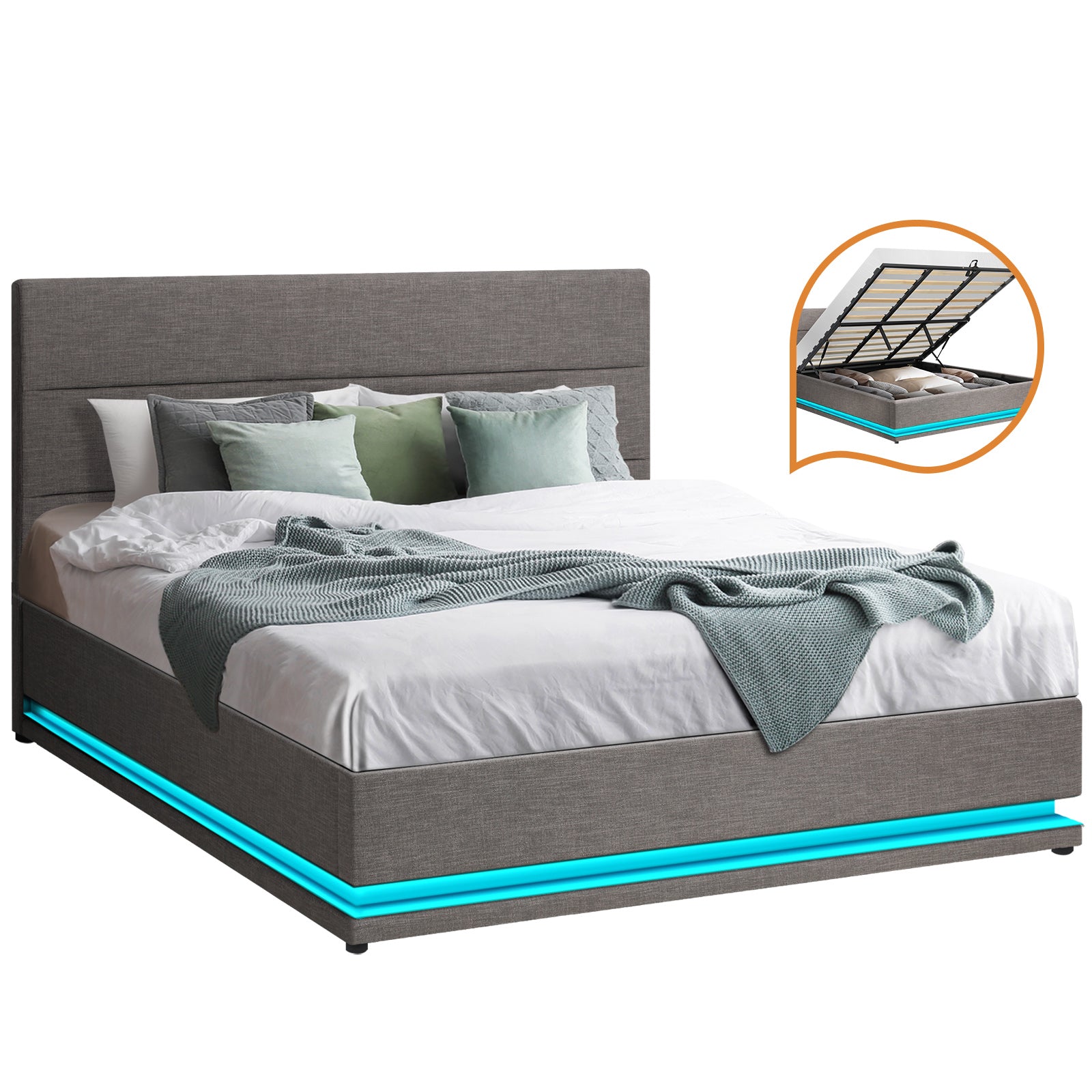 Oikiture Bed Frame King Size Bed Platform RGB LED Gas Lift Base Storag