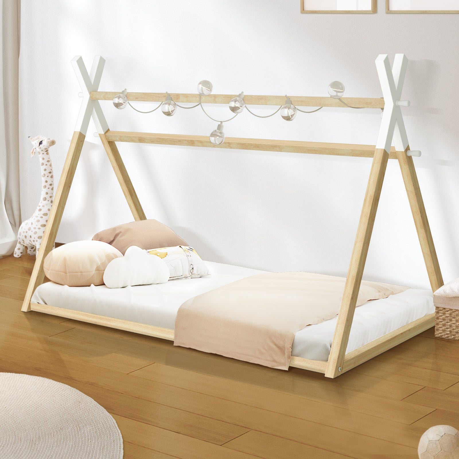 Oikiture Kids Bed Frame Wooden Timber King Single Teepee House Frame B