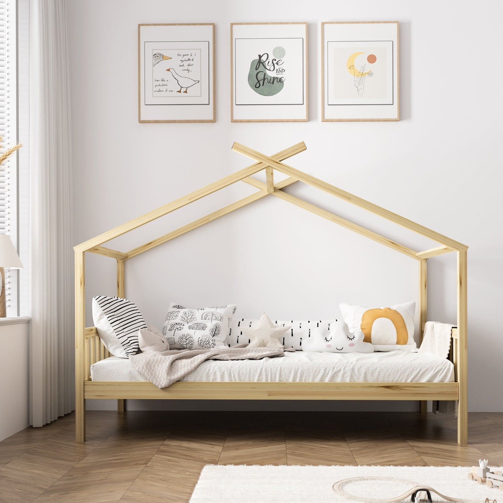 Oikiture Bed Frame Wooden Base Kids Single Timber House Beds TOMI
