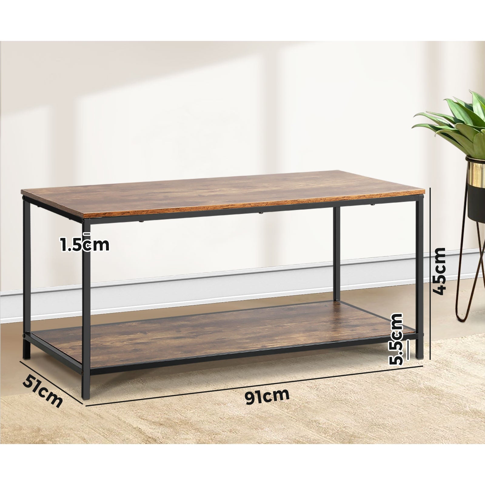 Oikiture Coffee Table Side Table Storage Rack Shelf 2-Tier Industrial