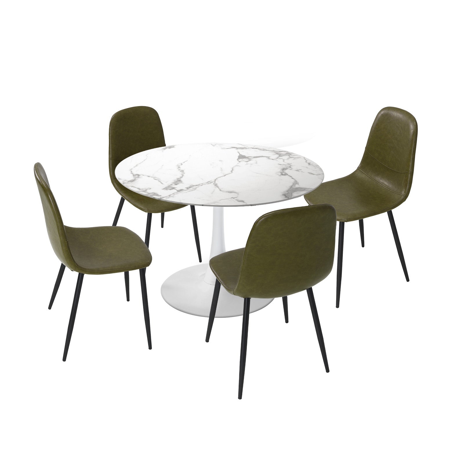 Oikiture 90cm Round Dining Table with 4x Dining Chairs PU Leather Gree