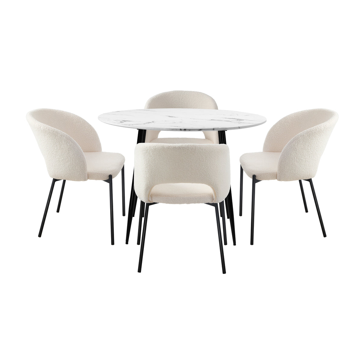 Oikiture 110cm Round Dining Table with 4PCS Dining Chairs Sherpa White