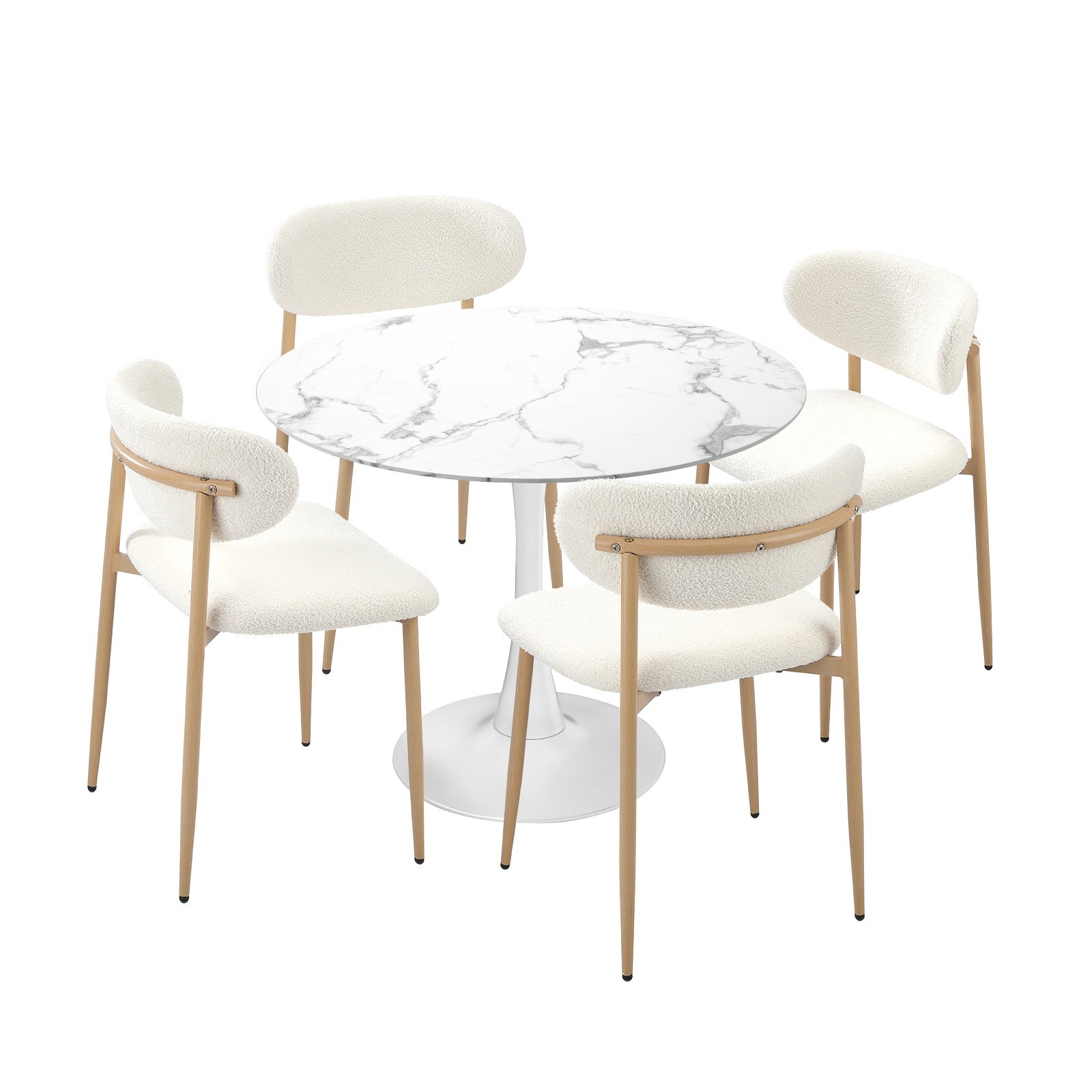 Oikiture 90cm Round Dining Table with 4x Dining Chairs Boucle White&Go