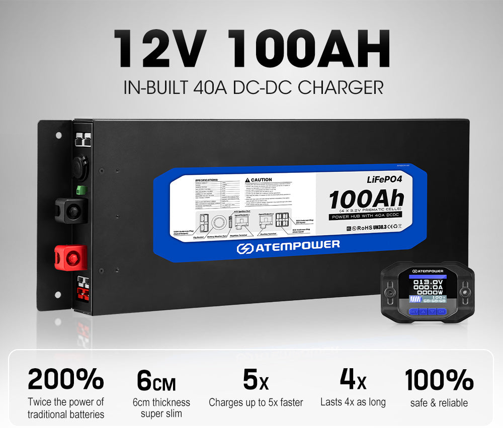 Atem Power 12V 100Ah Slimline Lithium Battery Built-in 40A DC-DC Charg