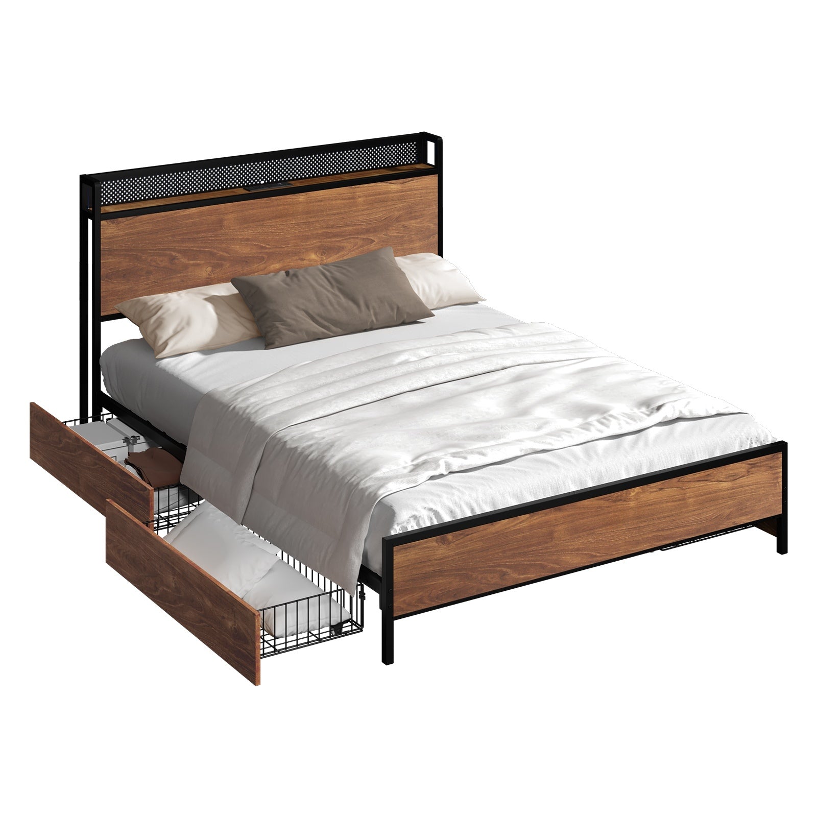 Oikiture Metal Bed Frame Queen Double King Size with LED Storage Headb