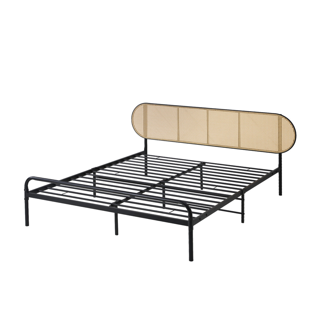 Oikiture Bed Frame Double Size Metal Base Platform with Rattan Headboa