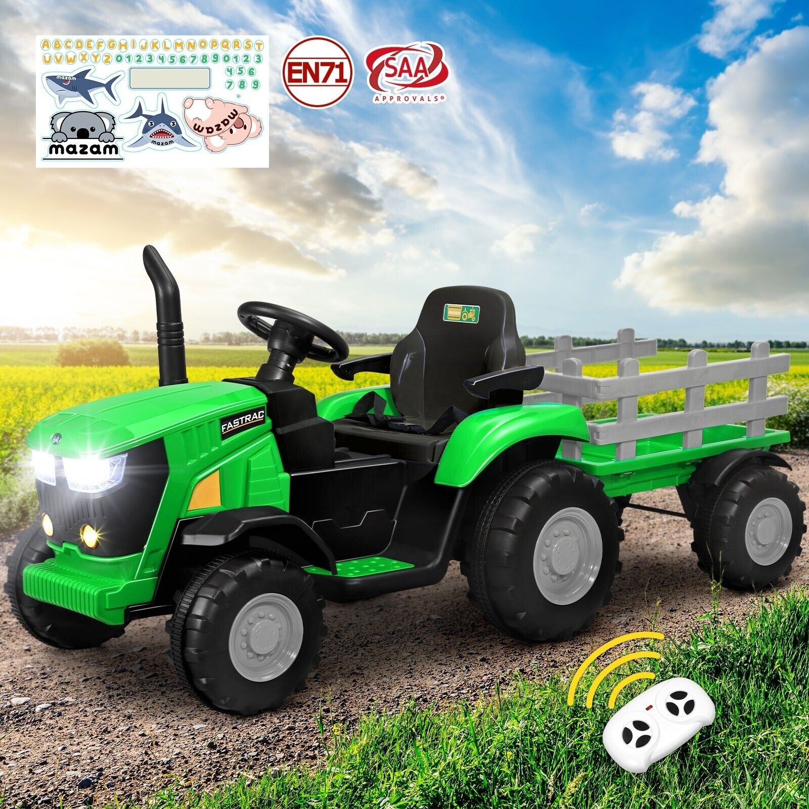 Mazam Kids Ride On Tractor Toy W/ Trailer Remote Battery Electric Oper