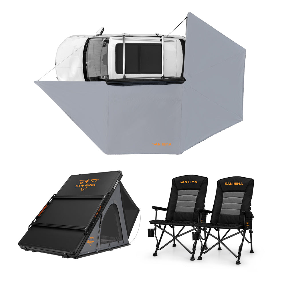 San Hima 270° Free-Standing Awning + Rooftop Tent + Roof Rack +2xCampi